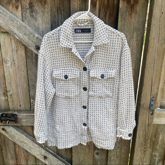 Zara | Jackets & Coats | Zara Black White Tweed Fringe Oversized Jacket ...
